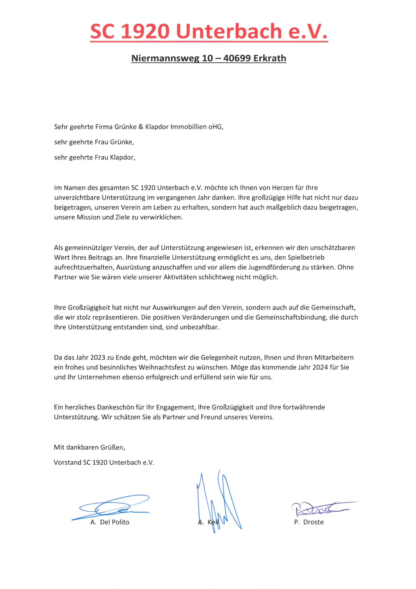 Sponsor des SC Unterbach 1920 Fußballabteilung | Grünke und Klapdor ...